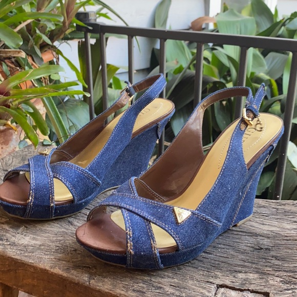 Guess | Shoes | Guess Denim Open Toe Wedge Heels | Poshmark